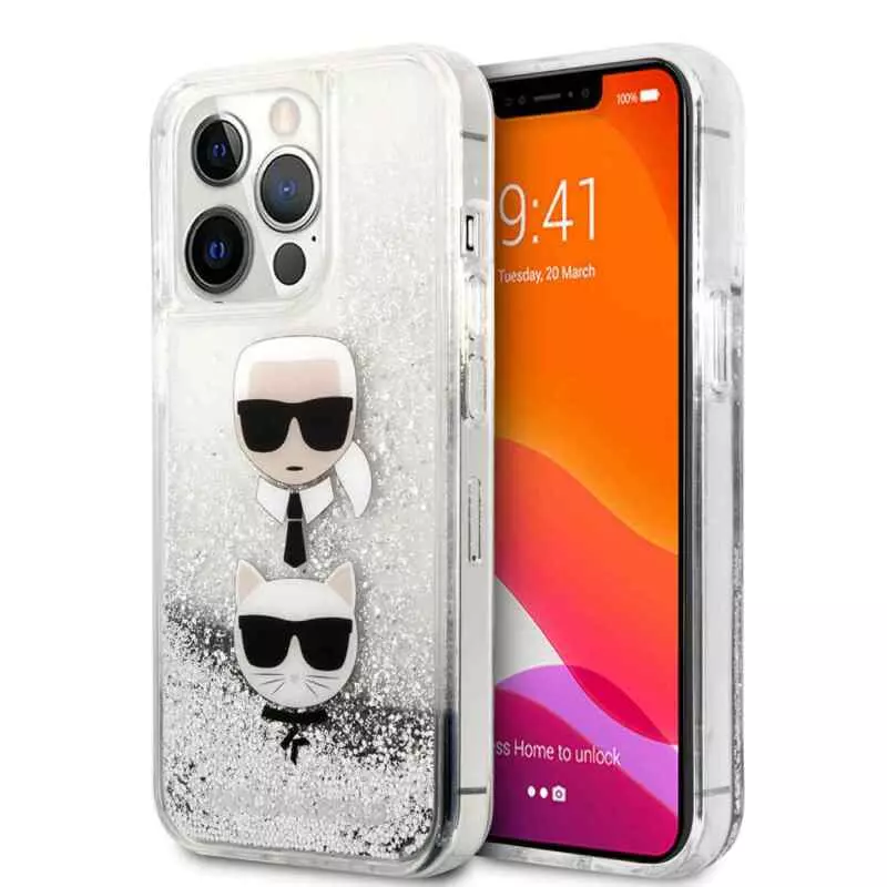 Maska Karl Lagerfeld Hc Liquid Glitter 2 Heads za iPhone 14 Pro 6.1 srebrna KLHCP14LKICGLS