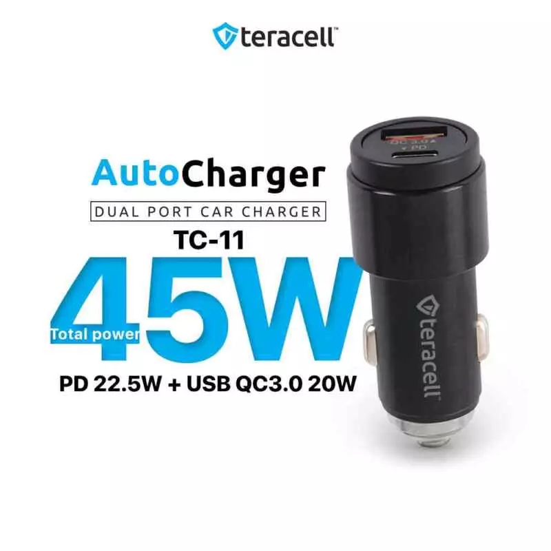 Auto punjac Teracell Evolution TC-11 PD 22.5W + USB QC3.0 20W,45W total sa PD Lightning kablom crni