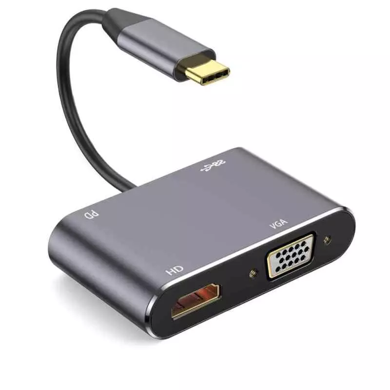 Adapter Type C na HDMI VGA PD USB3.0 4 u 1 sivi