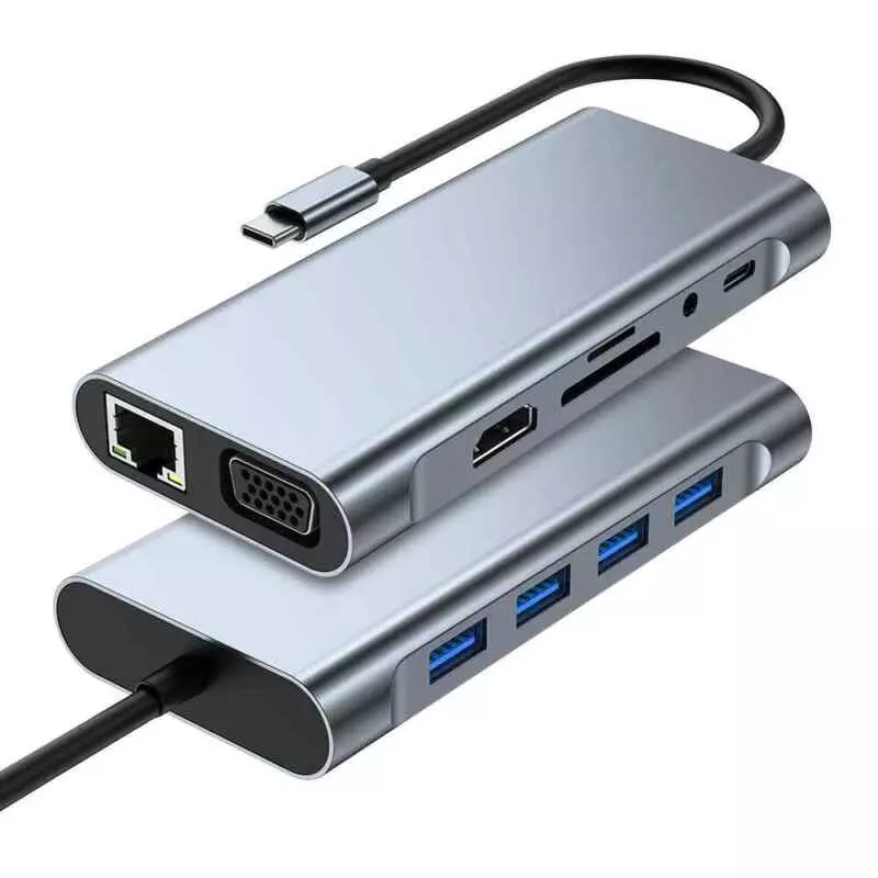 Adapter Type C na LAN Gb,SD card,TF,Type C,4xUSB 3.0,Audio,HDMI i VGA 11 u 1 20cm kabl