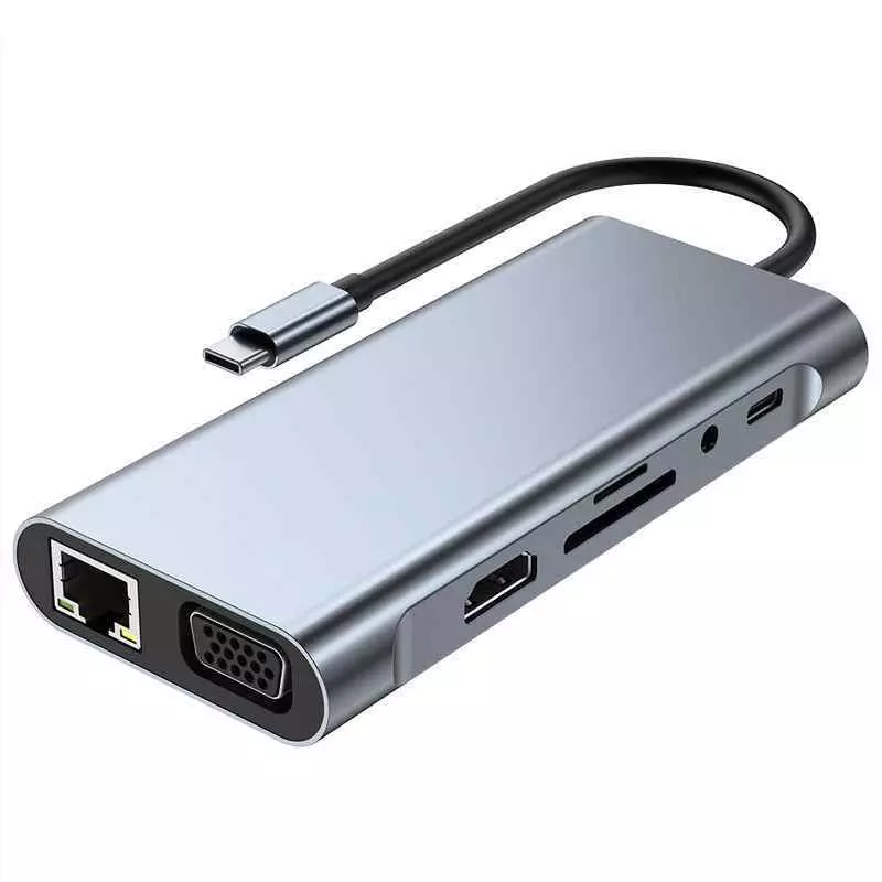 Adapter Type C na LAN Gb,SD card,TF,Type C,3xUSB 3.0,Audio,HDMI i VGA 10 u 1 20cm kabl