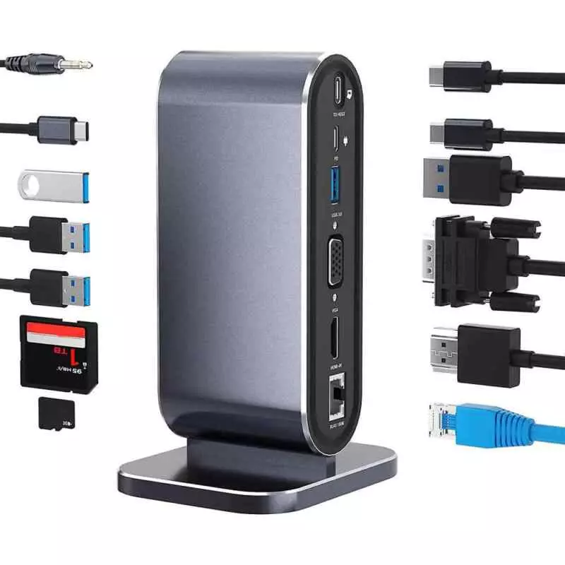 Adapter Type C na LAN Gb,SD card,TF,PD,Type C,4xUSB 3.0,Audio,HDMI i VGA 12 u 1 sa postoljem