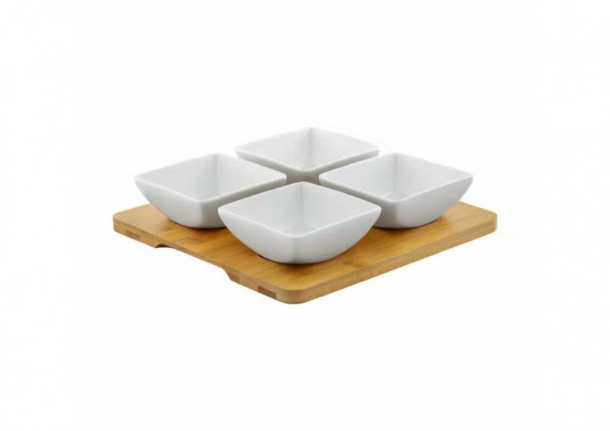 DAJAR DJ45577 PORCELANSKI SET 4 ČETVRTASTE ČINIJE SA DASKOM OD BAMBUSA