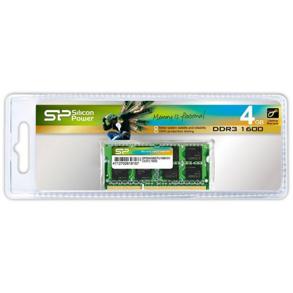 Silicon Power DDR3-1600 CL11 4GB DRAM DDR3 SO-DIMM Notebook 4GB (512*8) 8chips, EAN: 4712702627008 ( SP004GBSTU160N02 )