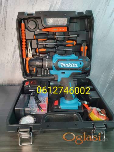 Makita aku srafilica 128v+busilica+cekic+Dve baterije+Pribor