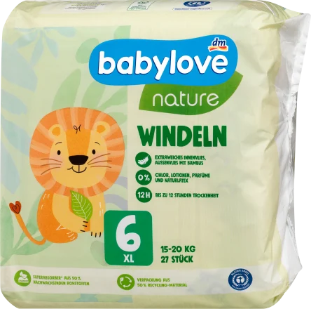 babylove nature
nature pelene XL veličina 6 (15 – 20 kg), 27 kom