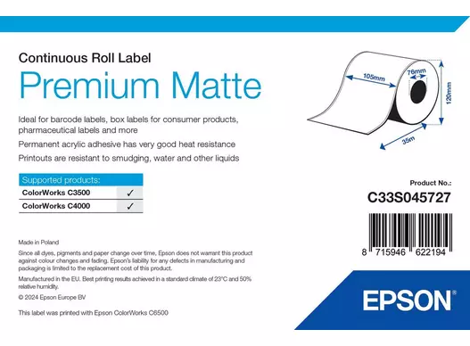 Premium Matte Label - Continuous Roll: 105mm x 35m