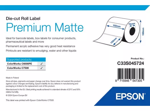 Premium Matte Label - Die-cut Roll: 102mm x 152mm, 800 labels