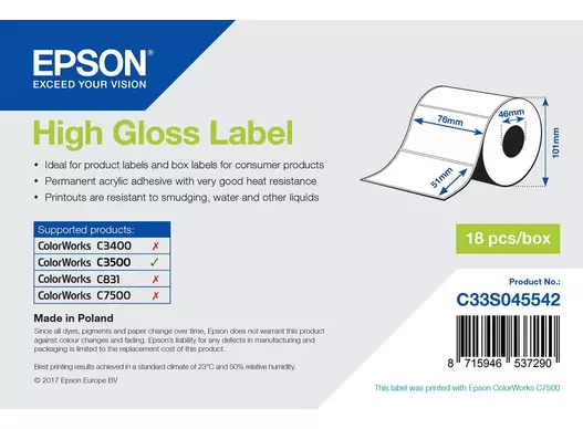 High Gloss Label - Die-cut Roll: 76mm x 51mm, 610 labels
