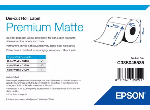 Premium Matte Label - Die-cut Roll: 76mm x 127mm, 265 labels