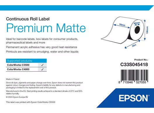 Premium Matte Label - Continuous Roll: 76mm x 35m