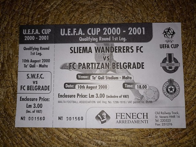 Sliema - Partizan 10.08.2000. Ulaznica