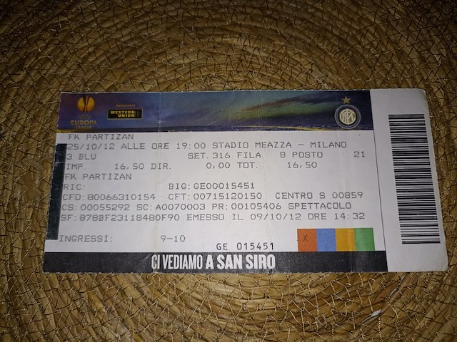 Inter Milan - Partizan 25.10.2012. Ulaznica