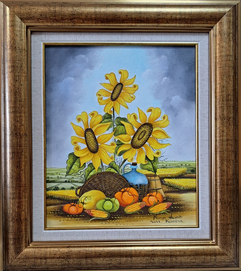 Suncokreti 2, Marija Hlavati, Naiva Kovačica, ulje na platnu kaširano na kartonu, bez 30×25 cm, sertifikat, 170 eura