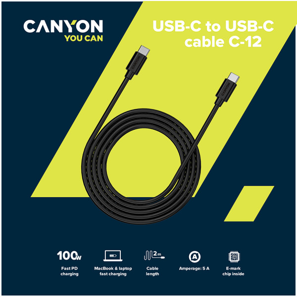 100W, 20V 5A, typeC to Type C, 2M with Emark, Power wire :20AWG*4C,Signal wires :28AWG*4C,OD4.5mm, PVC ,black ( CNS-USBC12B )