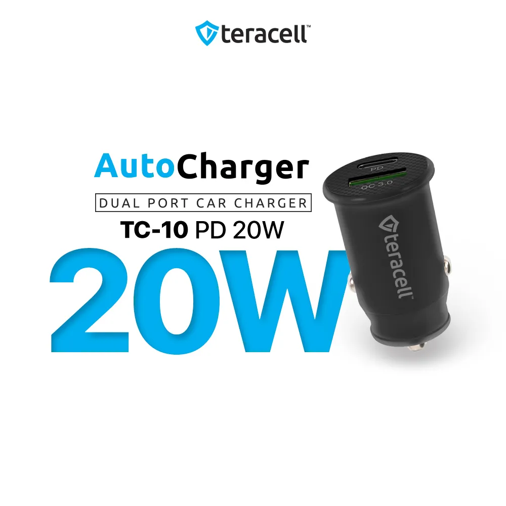 Auto punjac Teracell Evolution TC-10 PD 20W, USB QC3.0 15W sa lightning kablom crni