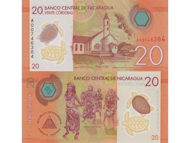 NICARAGUA Nikaragva 20 Cordobas 2015 UNC, P-211 Polymer