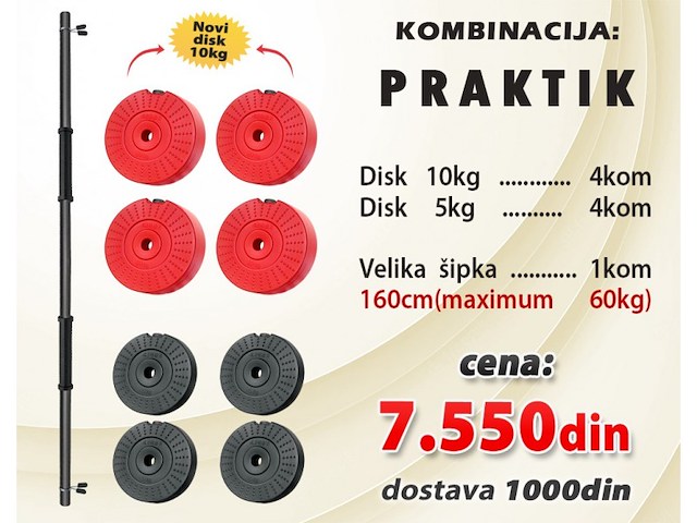 Tegovi set: Dvoručna šipka i tegovi / diskovi 60kg