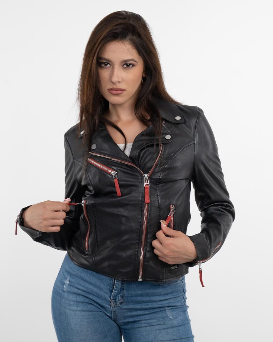 Ženska kožna jakna – Maze-Amur – Crna, crveni zip