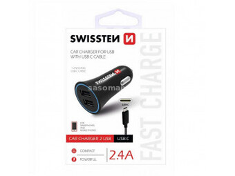 SWISSTEN Auto Punjač 2.4A 2xUsb Type-C Crna *R