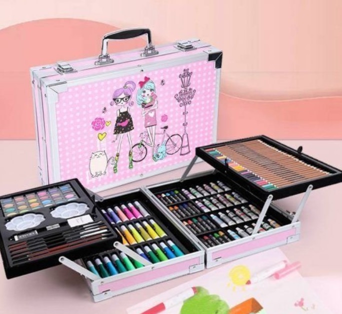 Kofer set sa bojicama i flomasterima metalni kofer roze