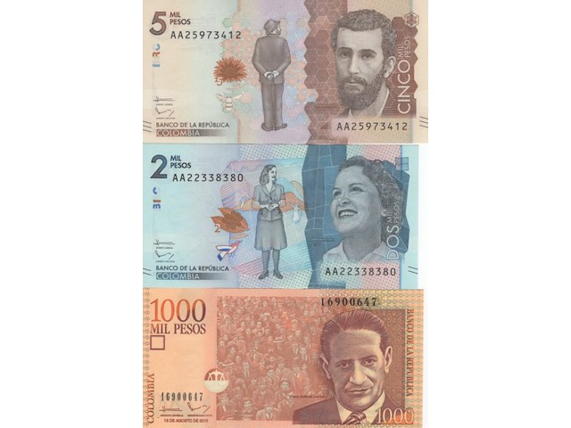 COLOMBIA Kolumbija set 1000, 2000 i 5000 Pesos 2015 UNC
