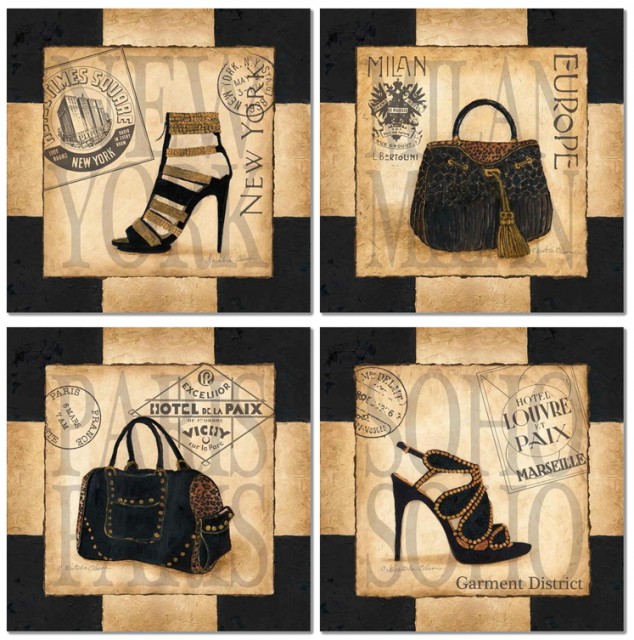 Ženske torbe i cipele, 4 uramljene slike 30x30cm svaka