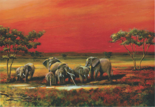 Elephants in Mali, uramljena slika 70x100cm