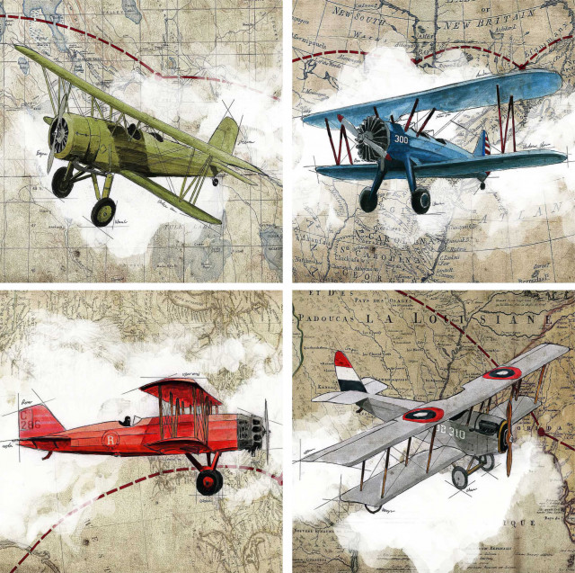 Old war planes, uramljena slika 4 komada 30x30cm svaka