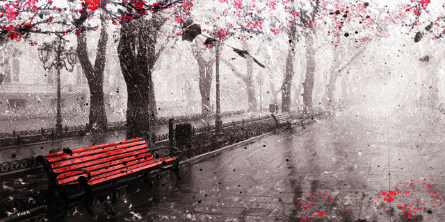 Red bench, uramljena slika 50x100 cm