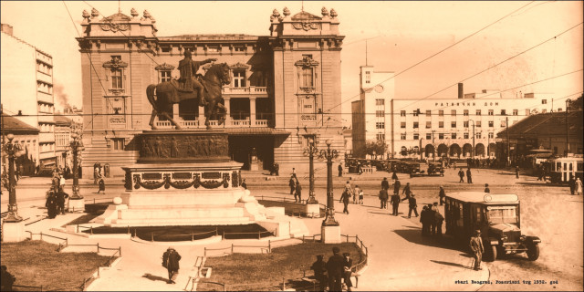 Stari Beograd - Pozorisni trg 1932., uramljena slika 50x100cm