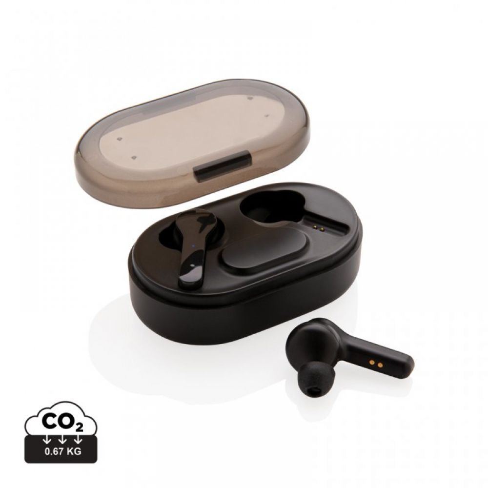 Light up logo TWS earbuds in charging case