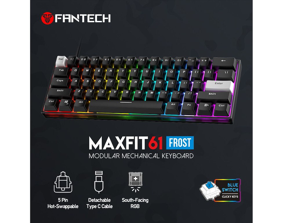 Tastatura Mehanicka Gaming Fantech MK857 RGB Maxfit61 FROST crna (Blue switch)