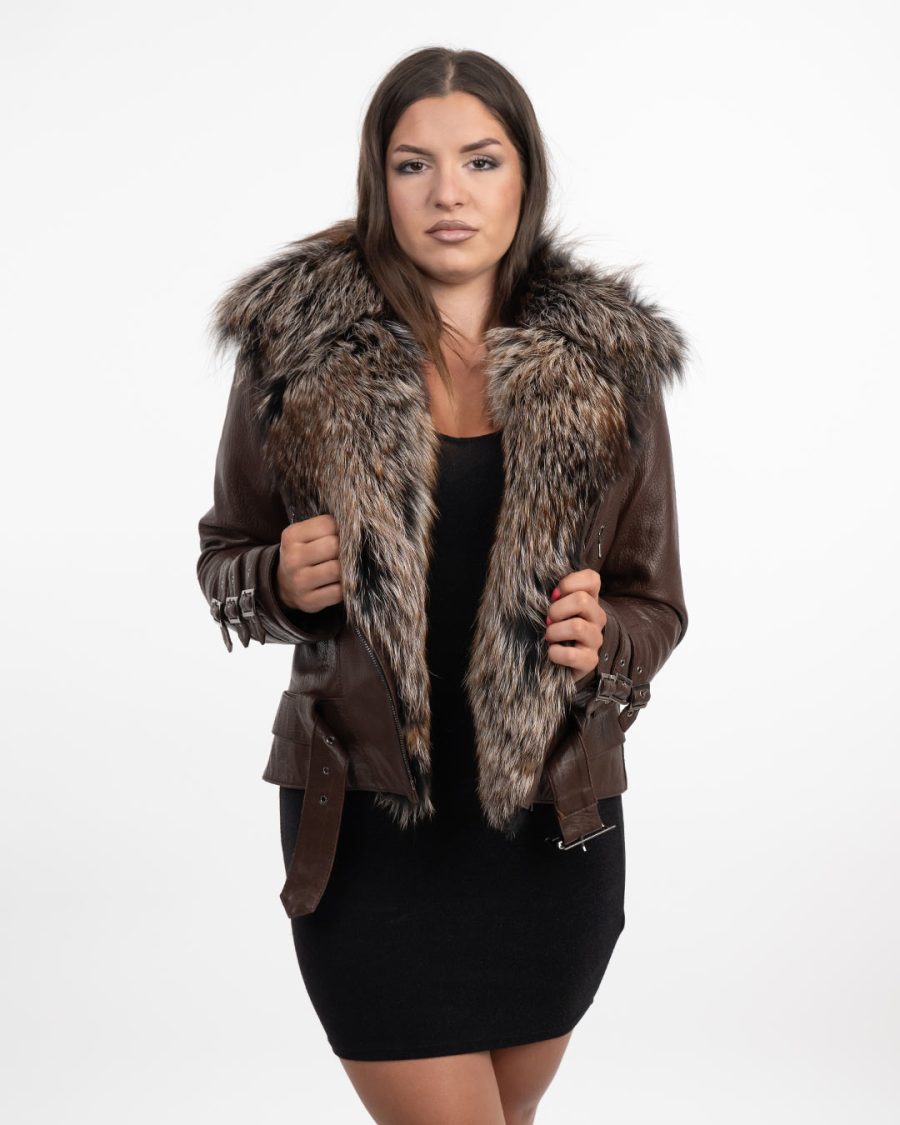 Ženska kožna jakna sa krznom – Dora – Braon, šareno krzno