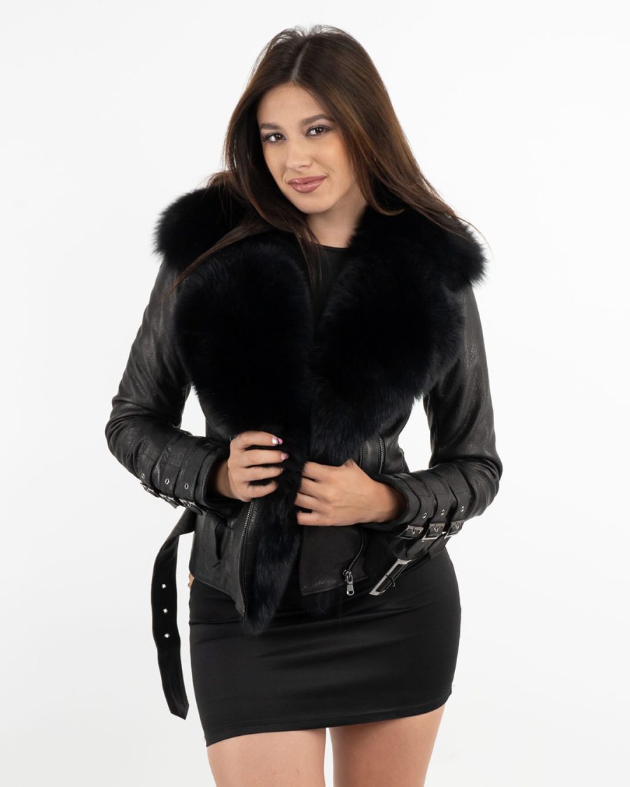 Ženska kožna jakna sa krznom – Dora – Crna, crno krzno