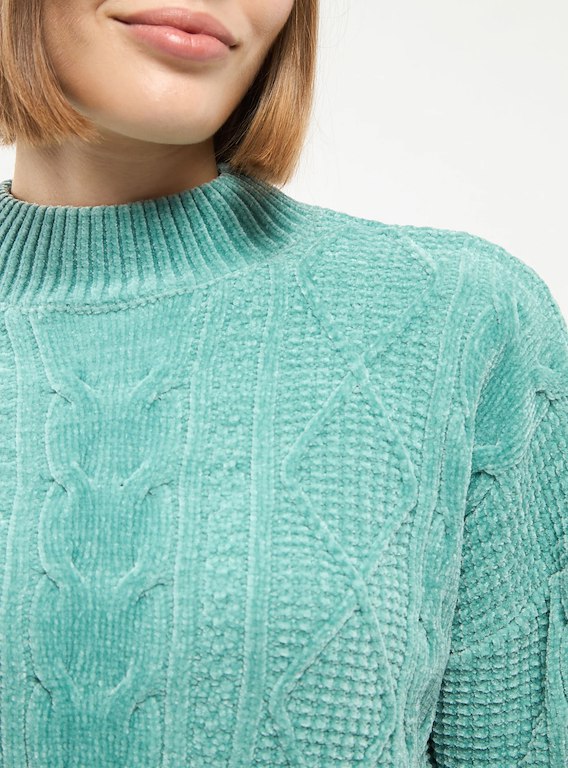 Cable knit chenille sweater with stand-up collar Žalfija