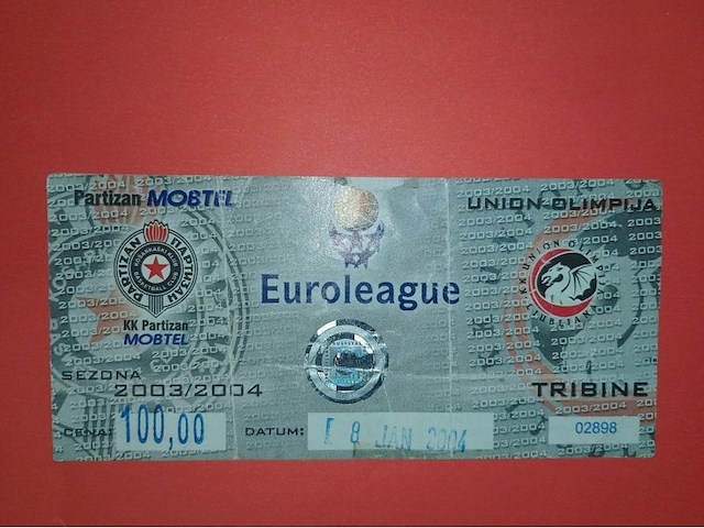 KK PARTIZAN -UNION OLIMPIJA 8.JAN 2004-ULAZNICA EUROLEA