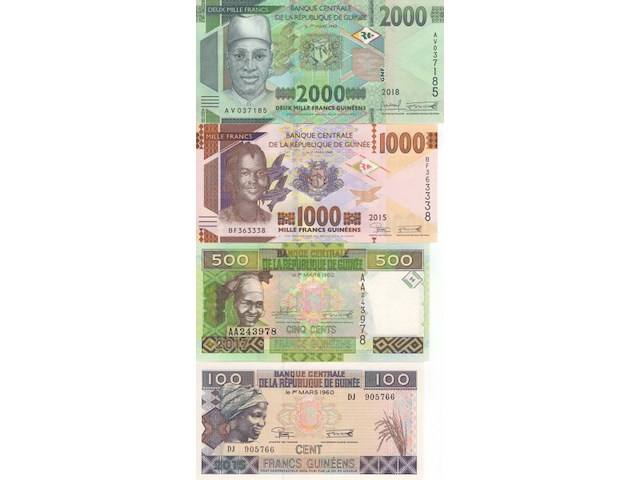 GUINEA set 100, 500, 1000 i 2000 Francs UNC