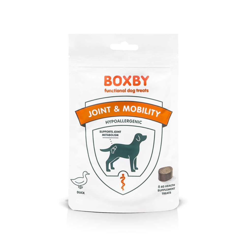 Boxby Joint & Mobility Hypoallergenic poslastica za pse - Patka 100g
Dopunska hrana za pse starije od 4 meseca. Funkcionalna poslastica koja pruža podršku psima koji pate od problema sa zglobovim...