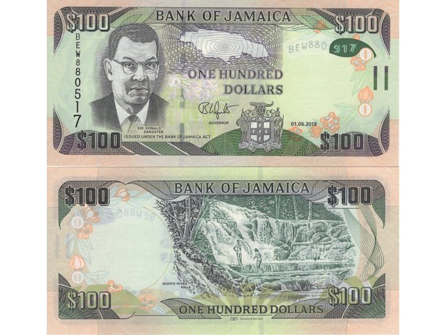 JAMAICA Jamajka 100 Dollars 2018 UNC, P-95 Hibrid