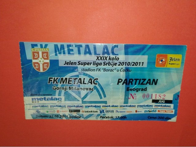 FK METALAC -PARTIZAN XXIX KOLO 2010/2011-ULAZNICA