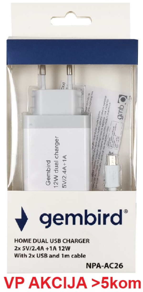 NPA-AC26 Gembird punjac za telefone i tablete 2x5v/24A+1A 12W +micro USB DATA kabl 1M