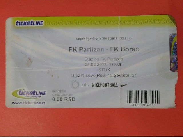 FK PARTIZAN -FK BORAC 25.02.2017 - ULAZNICA
