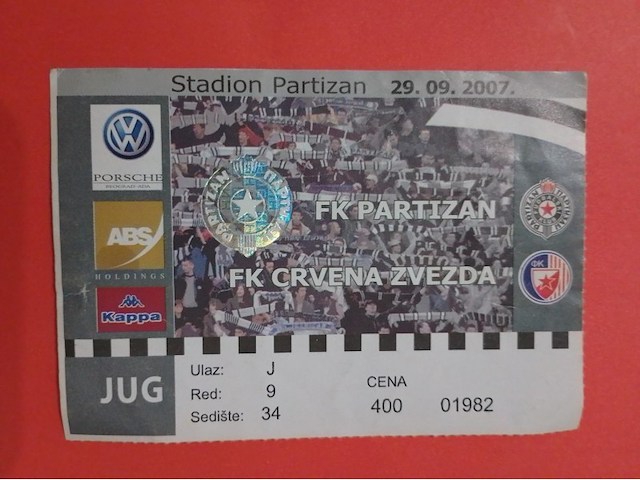FK PARTIZAN -FK CRVENA ZVEZDA 29.09.2007- ULAZNICA