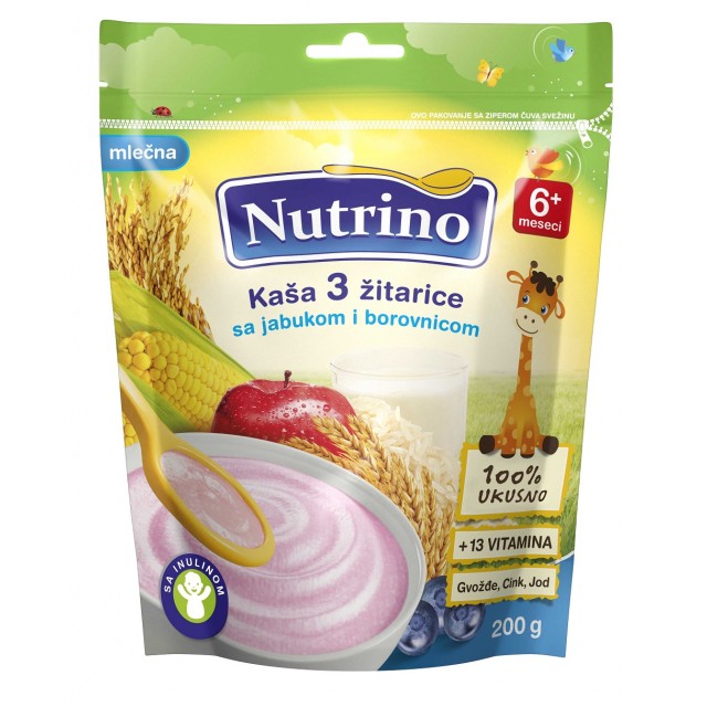 NUTRINO MLEČNA KAŠA 3 ŽITARICE SA JABUKOM I BOROVNICOM 200G