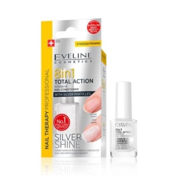 Eveline Total Action 8in1 Silver zaštita za nokte - intenzivni učvršćujući lak za nokte sa srebrnim šljokicama 12ml