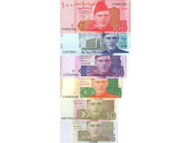 PAKISTAN set 5, 10, 20, 50, 75 i 100 Rupees 2009/23 UNC