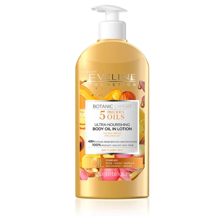 EVELINE Losion za Telo Botanic Expert 5 Precious Oils 350 mL; Neguje i Vraća Sjaj Suvoj Koži