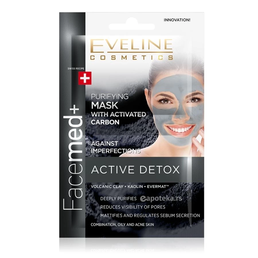 EVELINE Maska Facemed ACTIVE DETOX sa Aktivnim Ugljem 2x5 mL; Čisti Lice i Reguliše Lučenje Sebuma