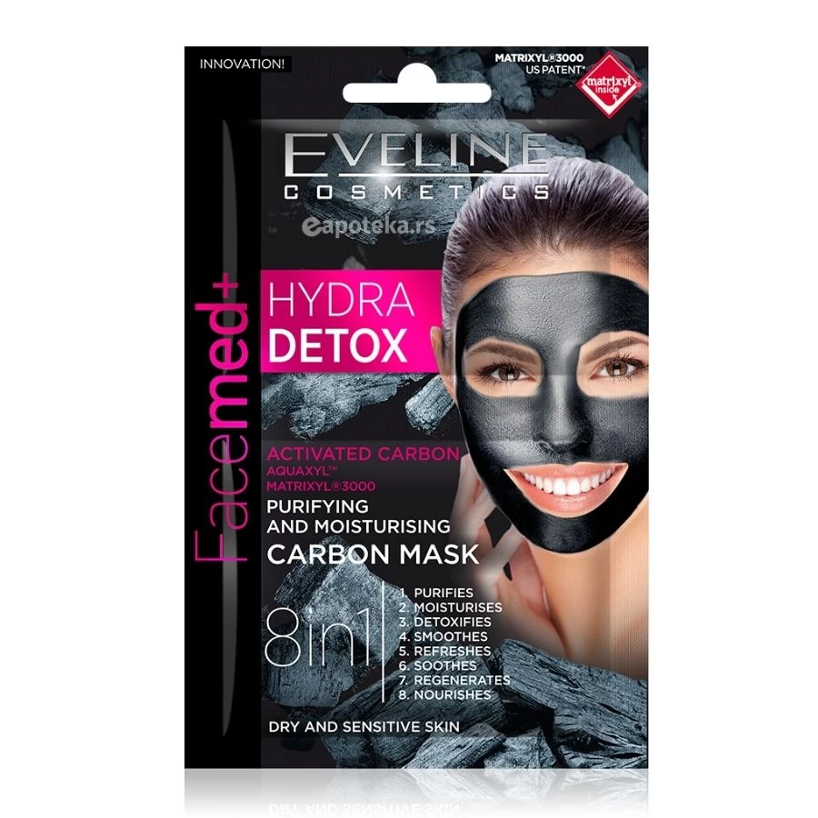 EVELINE Maska Facemed HYDRA DETOX sa Aktivnim Ugljem 2x5 mL; Čisti i Hidrira Kožu Lica